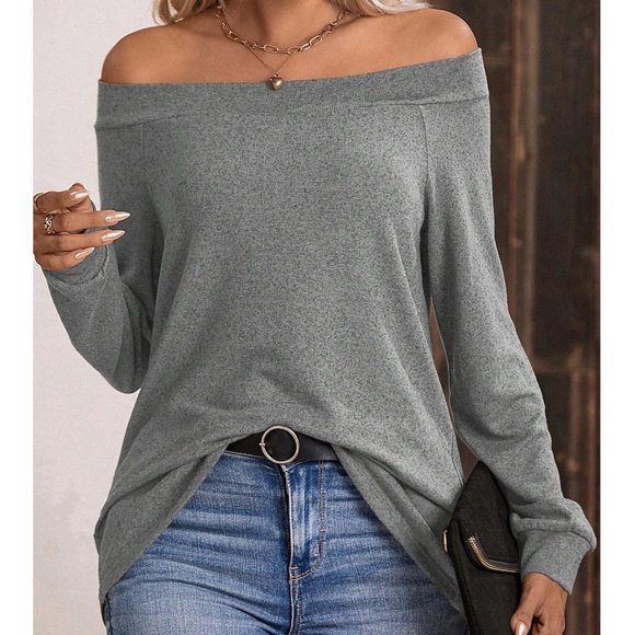 Tops | Plus Grey Off Shoulder Loose Fit Solid Long Sleeve Top | Poshmark